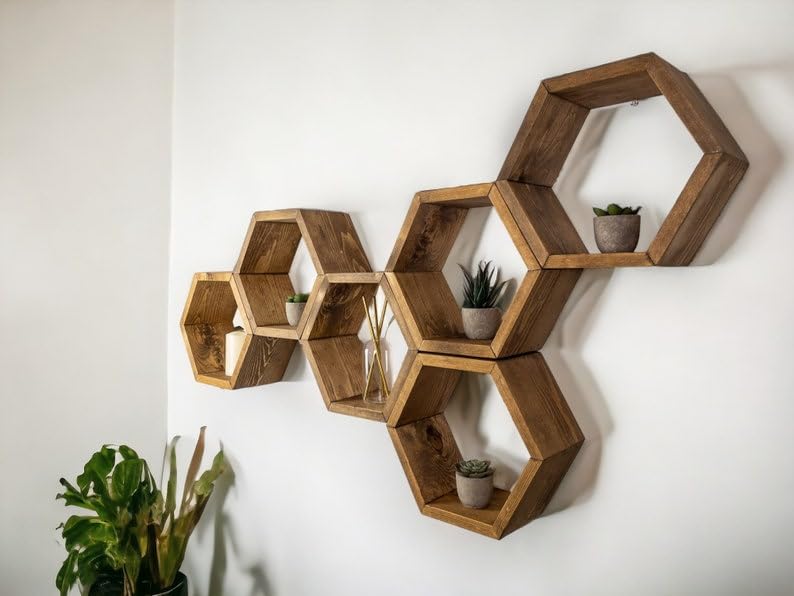 MUOSI Hexagon Shelves, Plant Shelves, Wide Hexagons Shelves, Honeycomb Shelves, Wall Decor ( Provincial I*Set of 6 Hexagons )