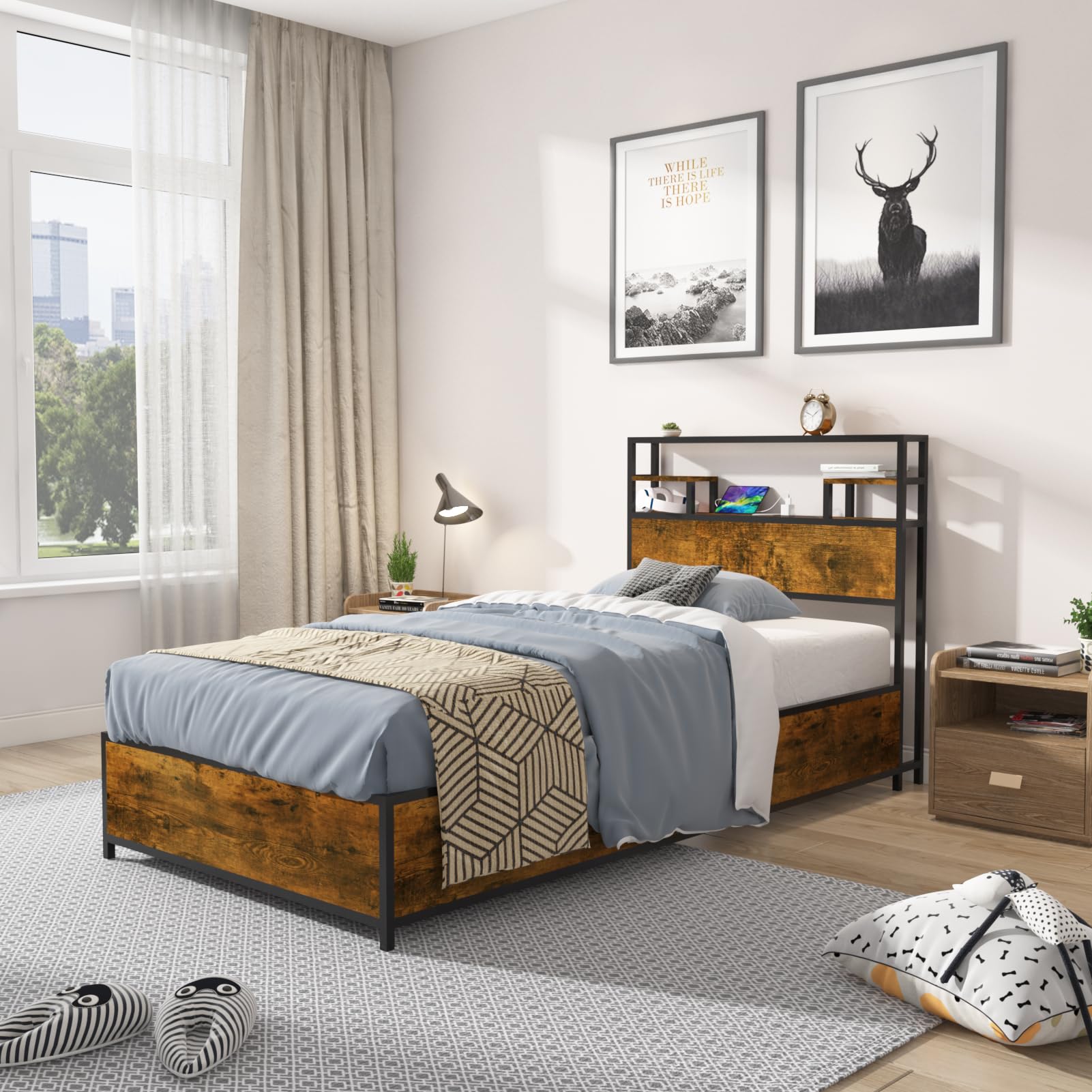RELASIA Queen Headboard, Metal and Wood Headboard with LED Light & USB & Type C Port & 2 Outlets, Large Storage Space, Non-Slip Bottom Solid Stable Metal Frame, Easy Assembly-Brown