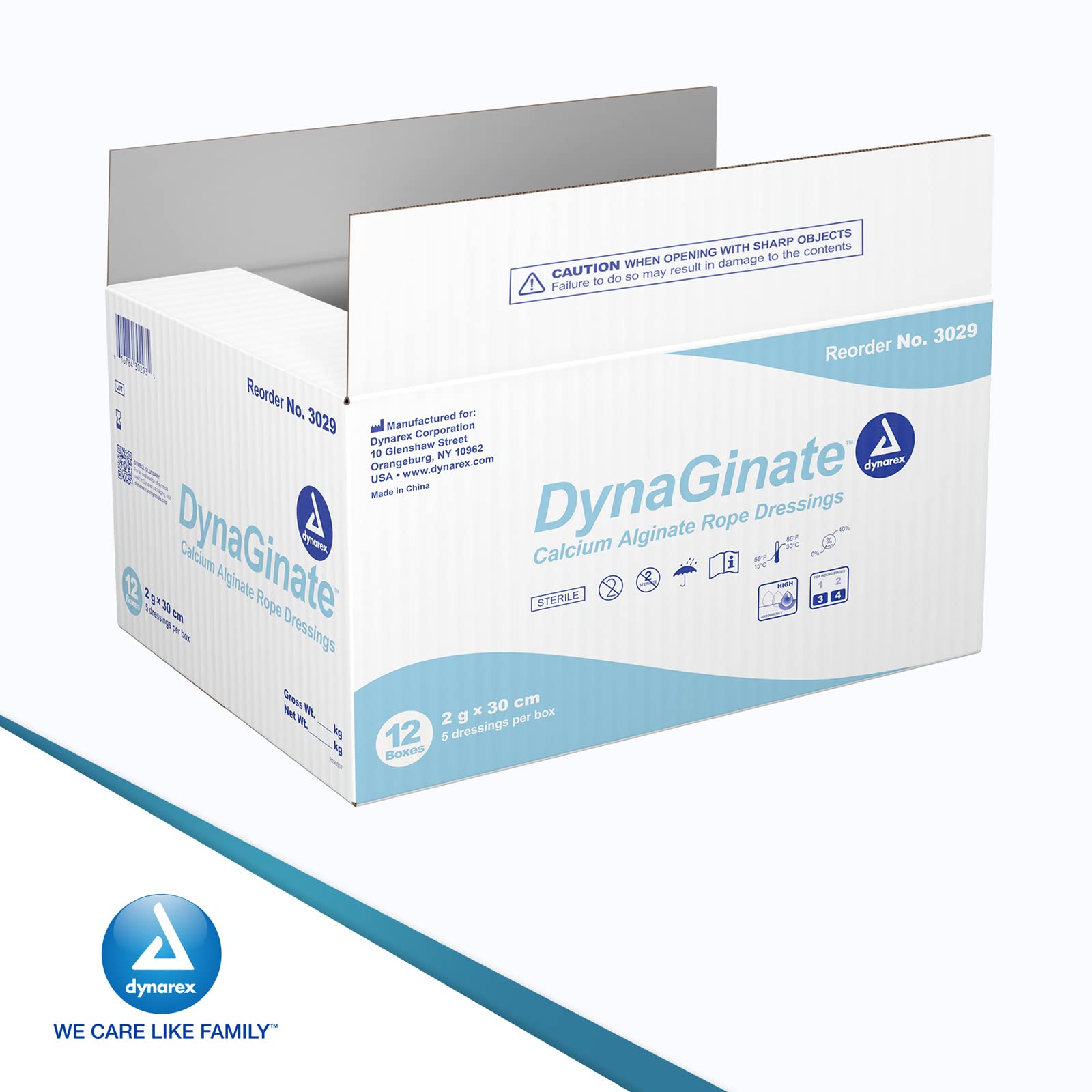 Dynarex DynaGinate Calcium Alginate Wound Dressing - Sterile, Non-Stick Topical Wound Pads - Absorbent Gel Patches for Moderate to High Exuding Cuts - 2g x 30cm, 12 Boxes of 5