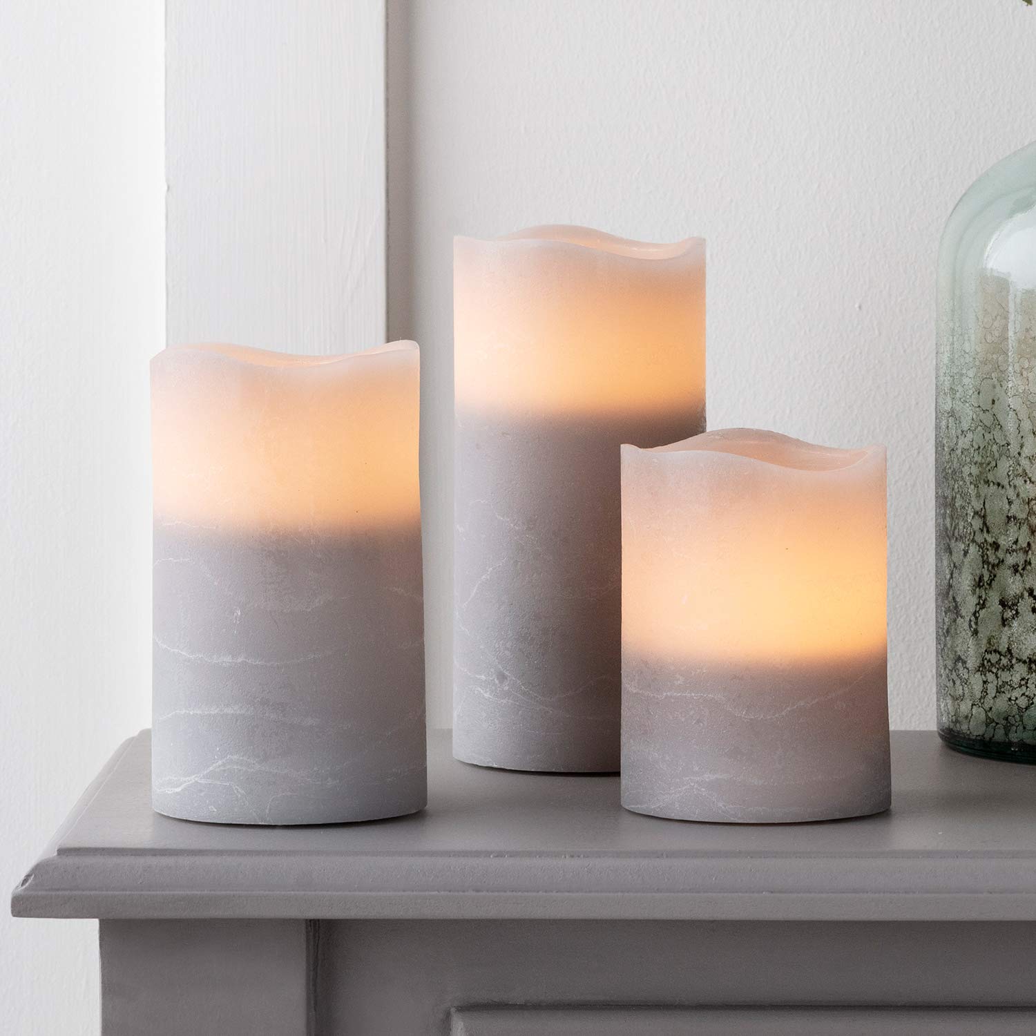 Lights4fun, Inc. Set of 3 Gray Wax Battery Operated Flameless LED Pillar Candles with Remote Control