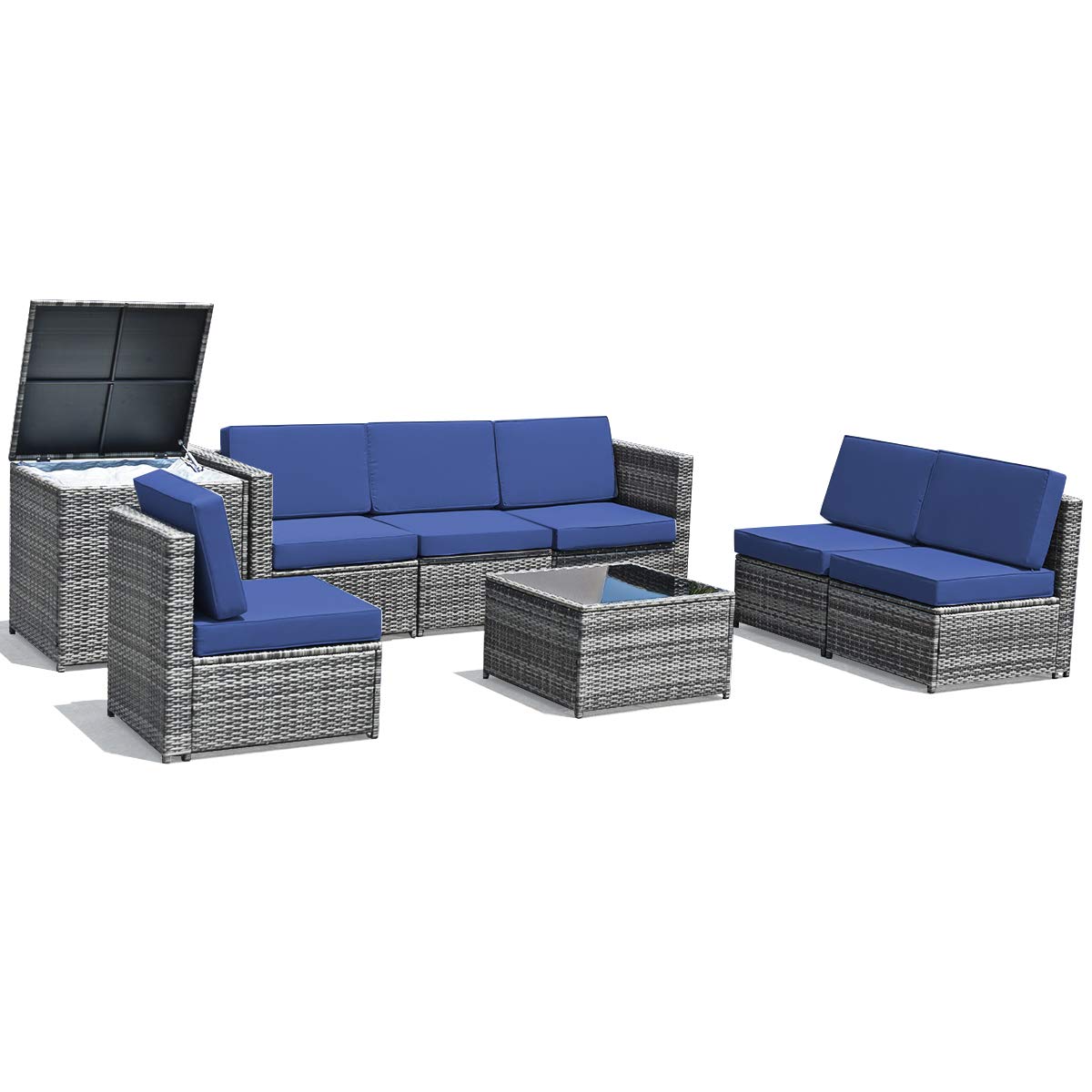 Tangkula 8 PCS Outdoor Patio Furniture Set, Rattan Wicker Sofa Set, Sectional Sofa Couch Conversation Set w/Storage Table and 12 Zippered Cushions for Garden Backyard Poolside (Navy)