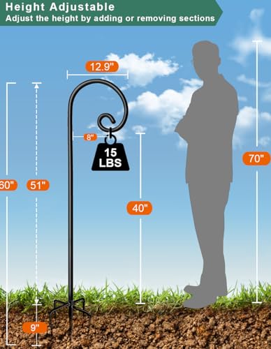 Koutemie 60 Inch Outdoor Shepherd Hook for Hanging Plant, Adjustable Heavy Duty Bird Feeder Pole with 5 Prong Base for Solar Lanterns, Black & 2 Packs