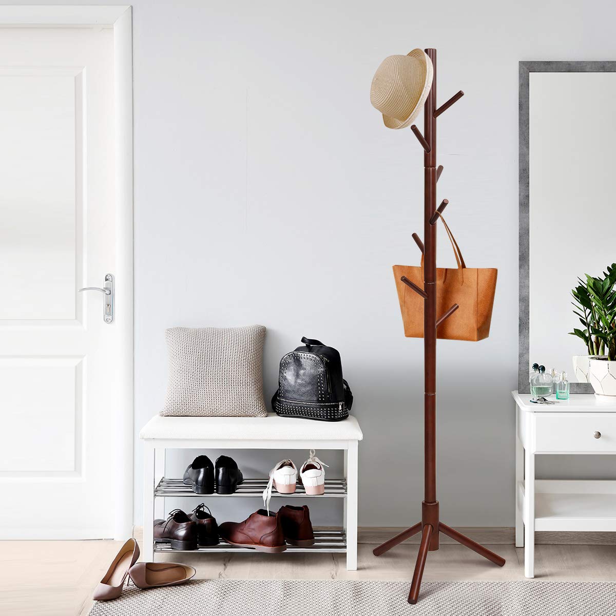 Tangkula Coat Rack Freestanding, Rubber Wood Coat Stand with 8 Hooks, Height Adjustable Entryway Coat Tree Coat Hanger Stand for Home Office Hall Entryway