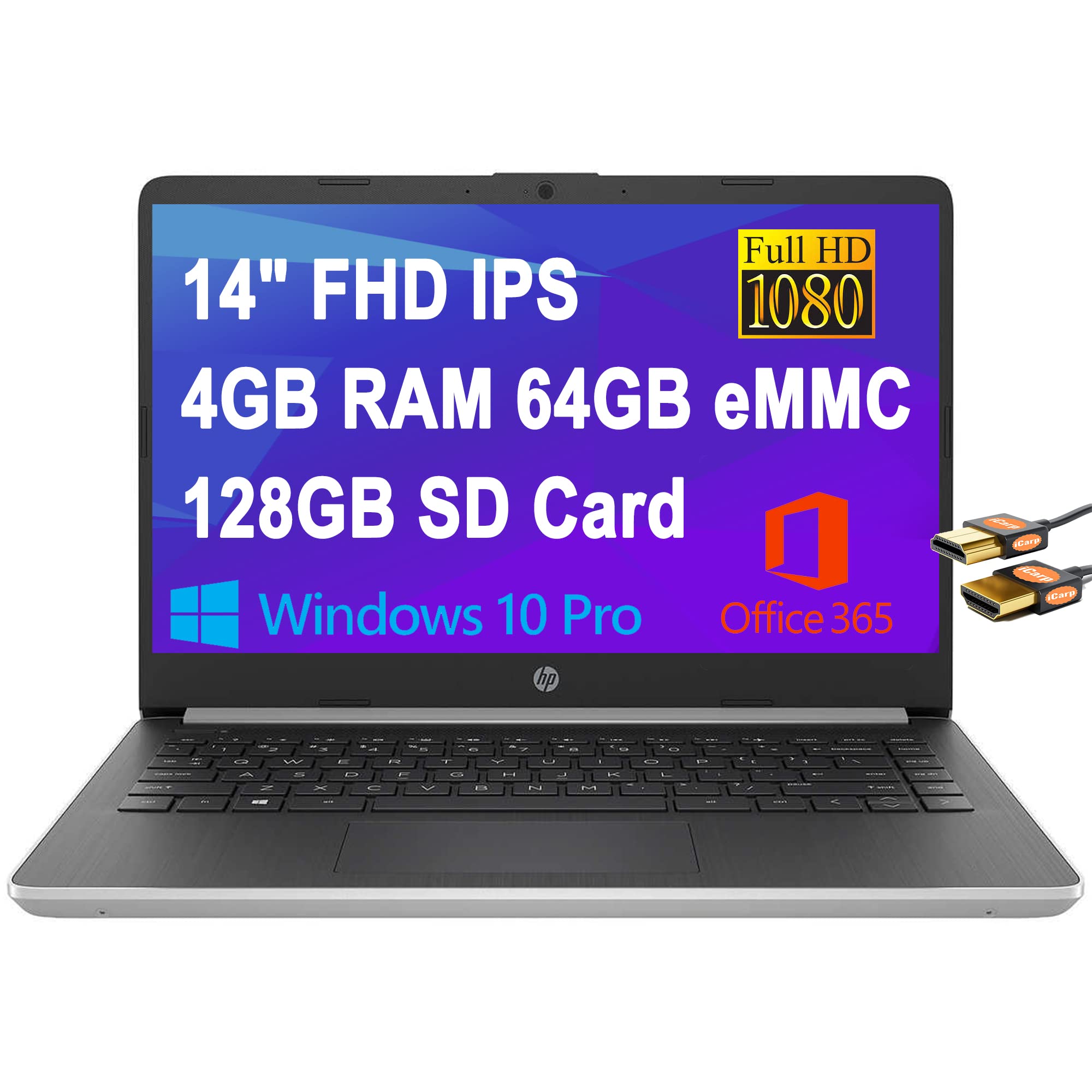 HP Notebook 14 Laptop Computer 14" FHD IPS BrightView Display Intel Pentium Silver Quad-Core N5000 Processor 4GB RAM 64GB eMMC + 128GB SD Card USB-C BT 5.0 Office 365 (1-Year) Win10 Pro + HDMI Cable