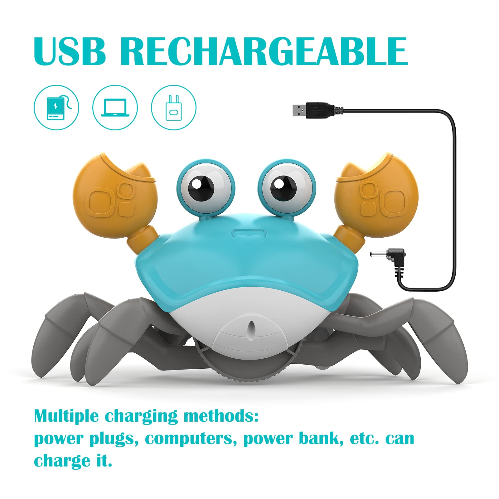 HIMEN Musical Crawling Crab Baby Toy, Rechargeable Walking Crab Toy with LED Light, Automatically Avoid Obstacle, Fun Interactive Development Baby Toys 6 to 12, Gifts for Kids Babies Toddlers