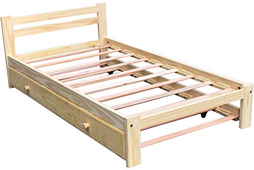 Twin Trundle Bed Wooden Bed Solid Pine Wood with Slats Support Unfinished Single Wooden Bed Frame Suitable for Bedroom and Wheeled Trundle Bed