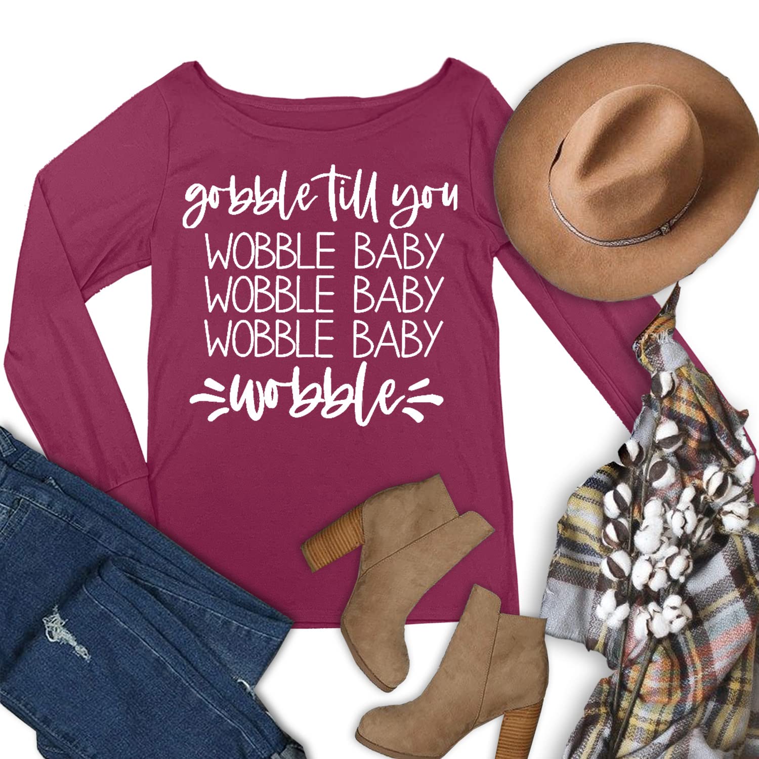 Fog G and PL Women's Thanksgiving Off Shoulder Long Sleeve Top Shirt Blouse Sweatshirt Wobble Baby L