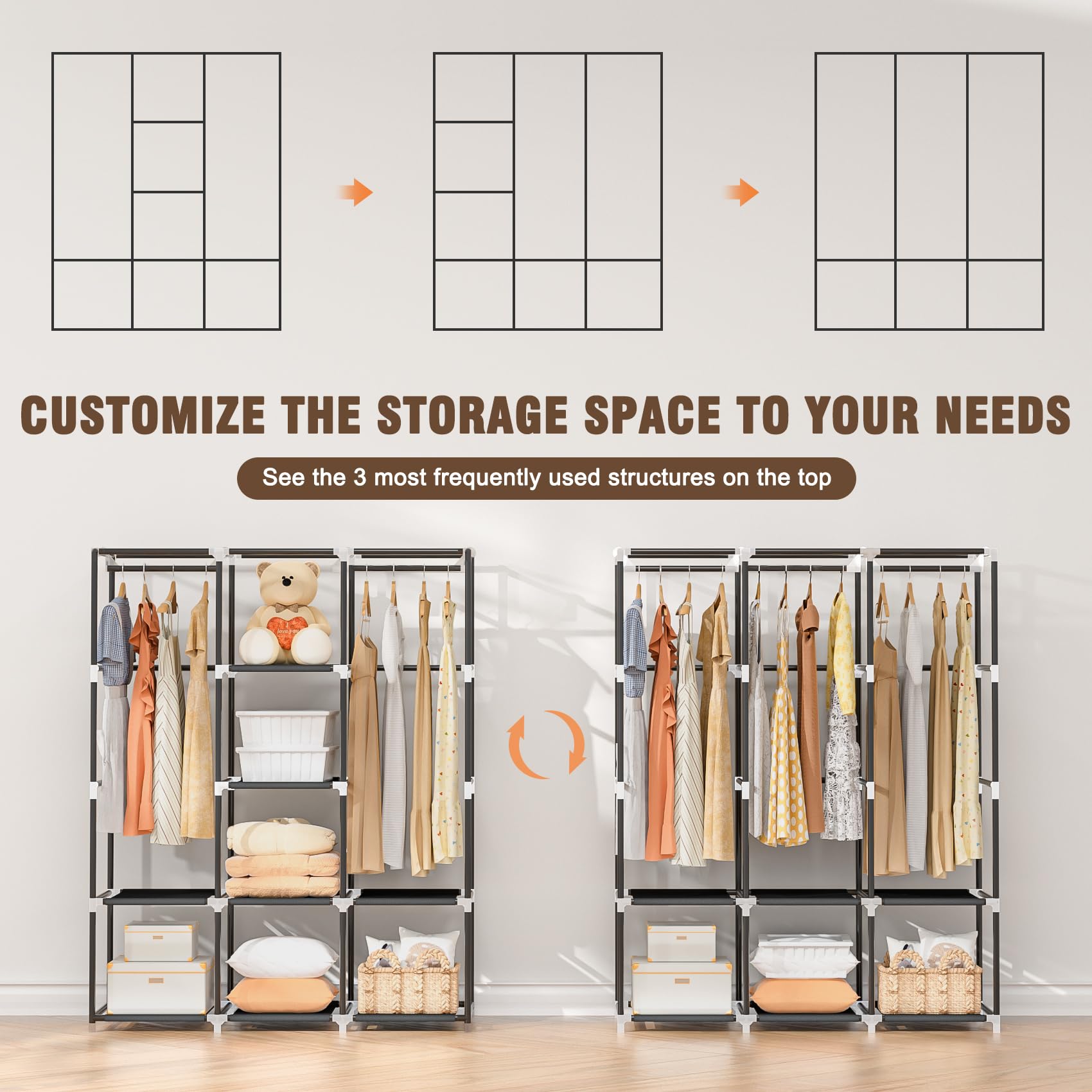 Neatrays Wardrobe Closet,Portable Closets for Hanging Clothes,Free Standing Clothes Rack with Cover & 3 Hanging rods & 6 Storage Shelves & 2 Side Pockets