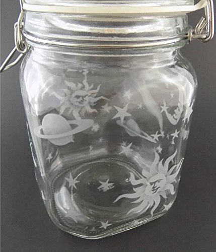 IncisoArt Hand Etched Glass Jar Airtight Canister Sandblasted (Sand Carved) Handmade Engraved Locking Wire Clamp Lid (Sun Moon Stars Planets, 38 Ounce)