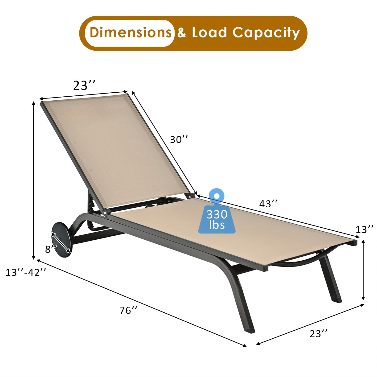 Tangkula Outdoor Aluminum Chaise Lounge, Patio Lounge Recliner Chair w/6 Adjustable Backrest, Reclining Chaise Chair with Wheels for Beach, Yard, Balcony, Poolside (2, Brown)