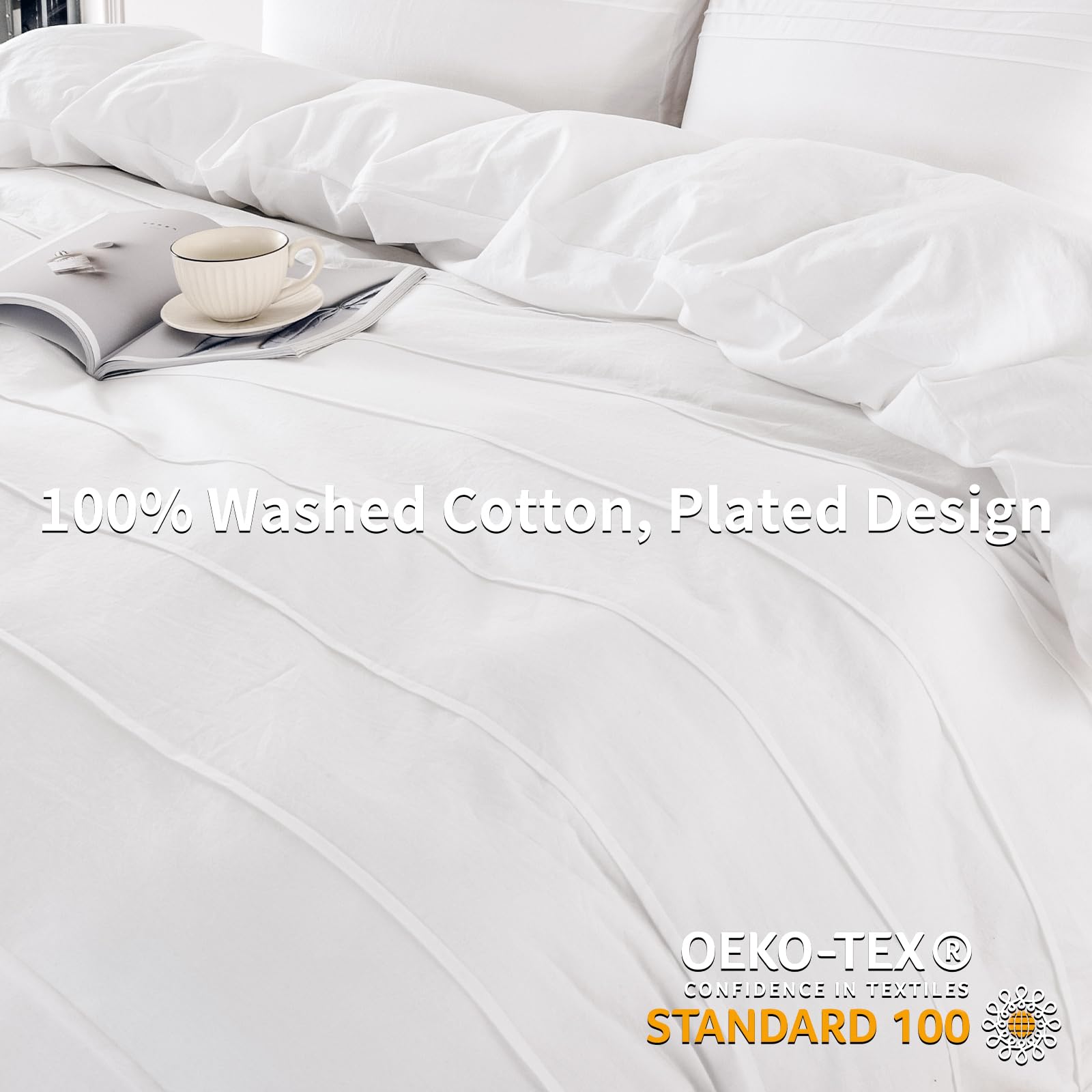 NEXHOME PRO 100% Organic Cotton Duvet Cover Queen Size, Linen Like Pleated Textured White Duvet Cover Set, 3pc Bedding Set with Zipper Closure, Soft, Lightweight and Breathable,90"x90", No Comforter