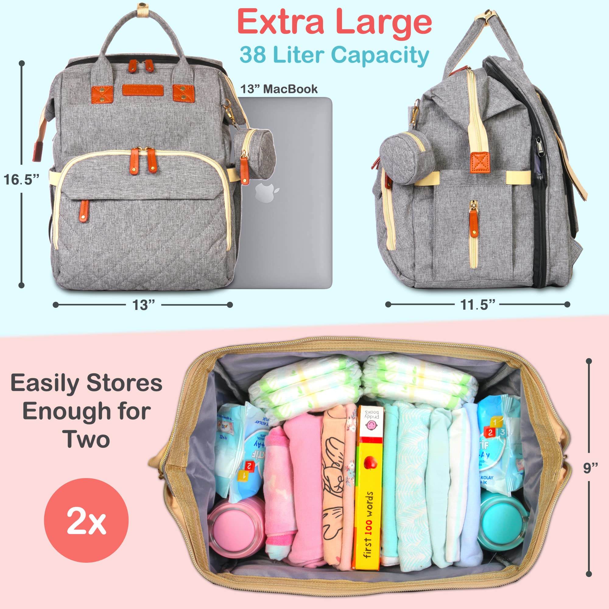 Kayra Joy Extra Large Diaper Bag Backpack For 2 Kids - 38 L Baby Diaper Bag with Changing Pad, Charging Port, Insulated Pockets, Pacifier Pouch, Waterproof, Unisex Grey