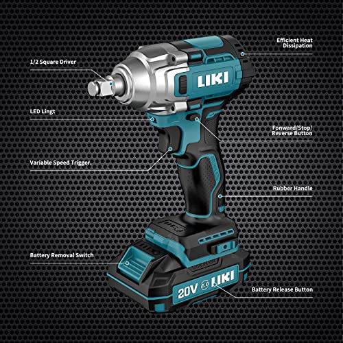 LIKI Cordless Impact Wrench 1/2",1/2 Impact Gun Brushless Impact Driver 300 Ft-lb High Torque 3000 RPM, 20V Electric Impact Wrench Kit with 1 Hour Fast Charger