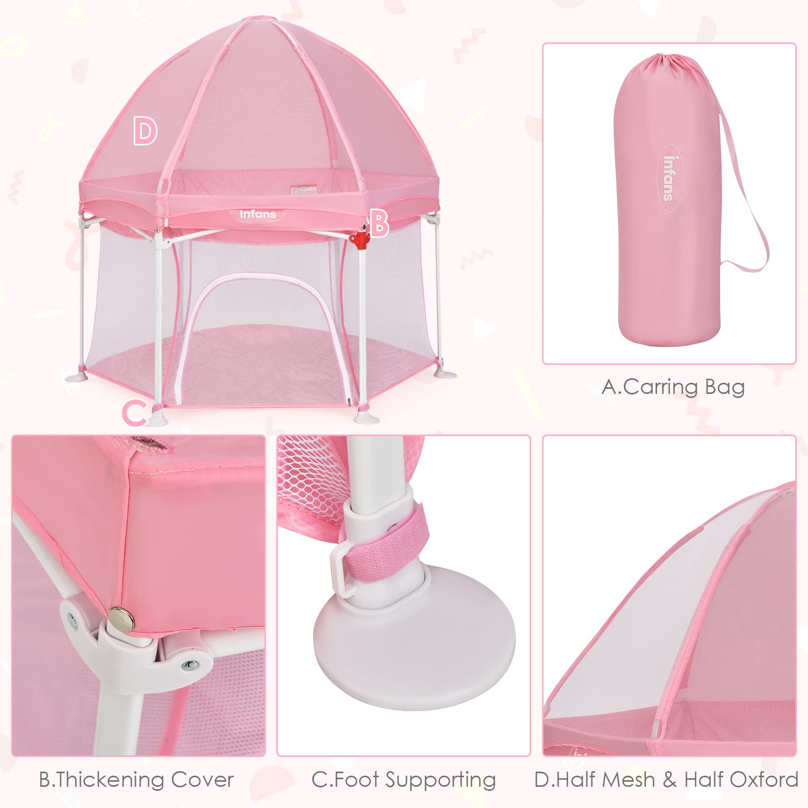 INFANS Baby Playpen with Removable Mesh & UV Canopy, 53" Portable Playhouse with Carry Bag, Dome, Padded Floor, Easy Folding Playard Activity Center (Light Pink)
