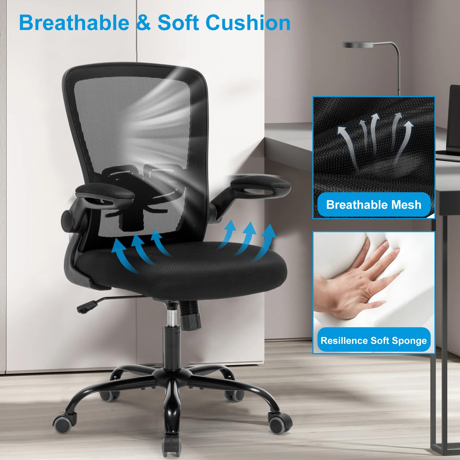 Office Computer Desk Chair,Ergonomic Executive Office Chair with Mesh, Adjustable Lumbar Support, Swivel Rolling for Home, Bedroom, Study, Student, Adults, Black
