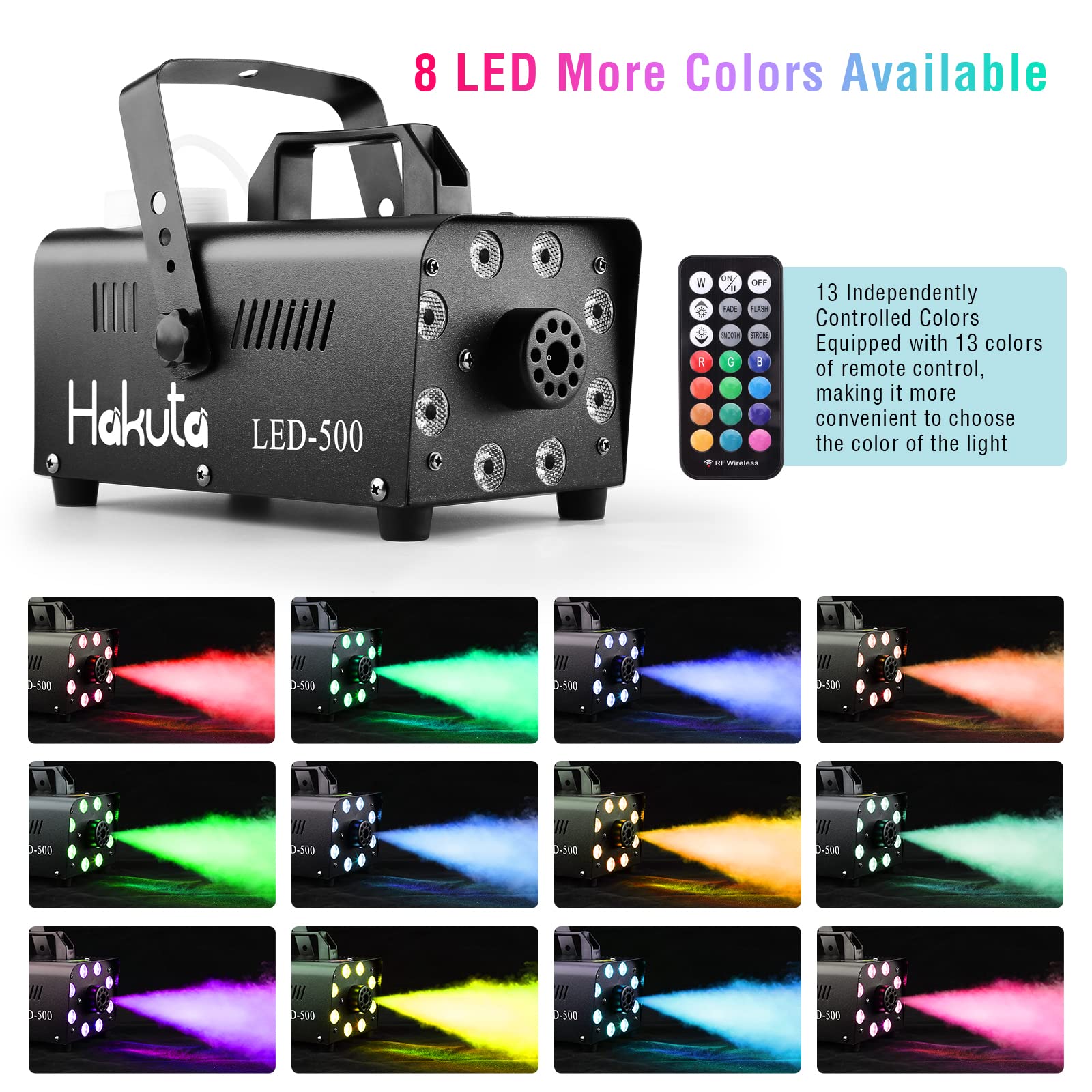 Fog Machine, HAKUTA Automatic Spray Smoke Machine with 8 LED Lights and 13 Colorful LED Lighting Effects, 500W and 2000CFM Fog LED Fog Machine, Perfect for Wedding, Christmas, Halloween, Performance