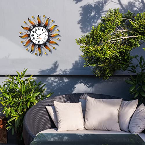 HOBYLUBY 13'' Sun Outdoor Clock, Metal Outdoor Wall Clock Silent Non-Ticking for Patio, Kitchen, Living Room
