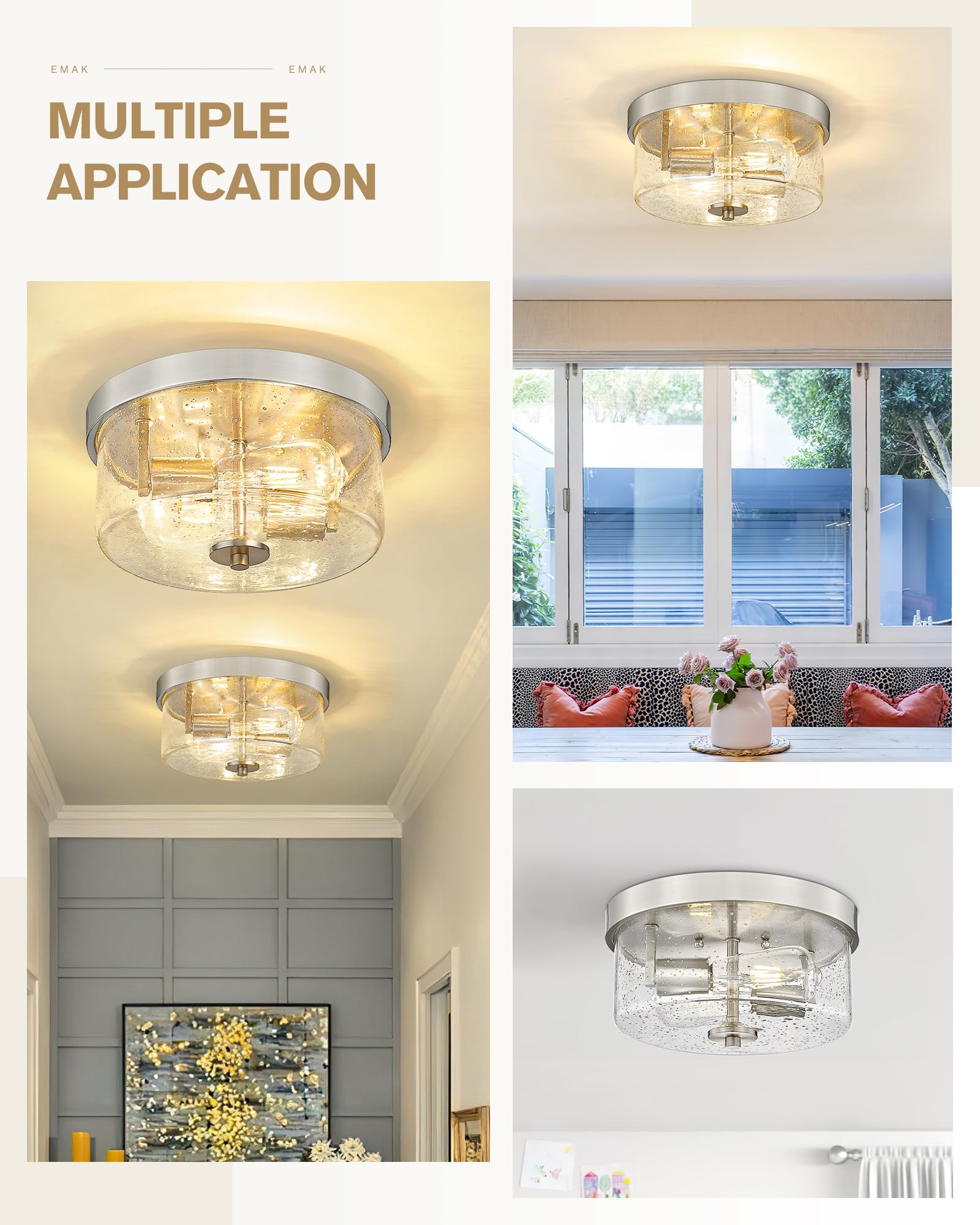 Emak 2-Light Brushed Nickel Ceiling Light Fixture, 11 Inch Flush Mount Light Fixture with Seeded Glass Shade for Bedroom, Living Room, Kitchen, Hallway, Bathroom, FM082-BN