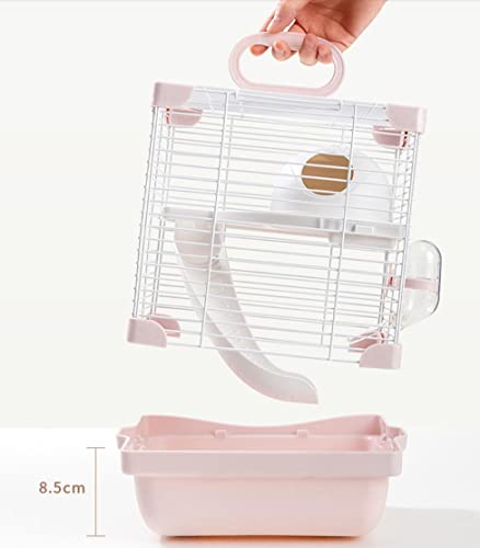 Misyue Dwarf Hamster Travel Portable Carrier Cage 2-Floors Syrian Hamster Home House Rodent Habitat Cage for Dwarf Hamster,Ferrets, Gerbil(Light Pink)
