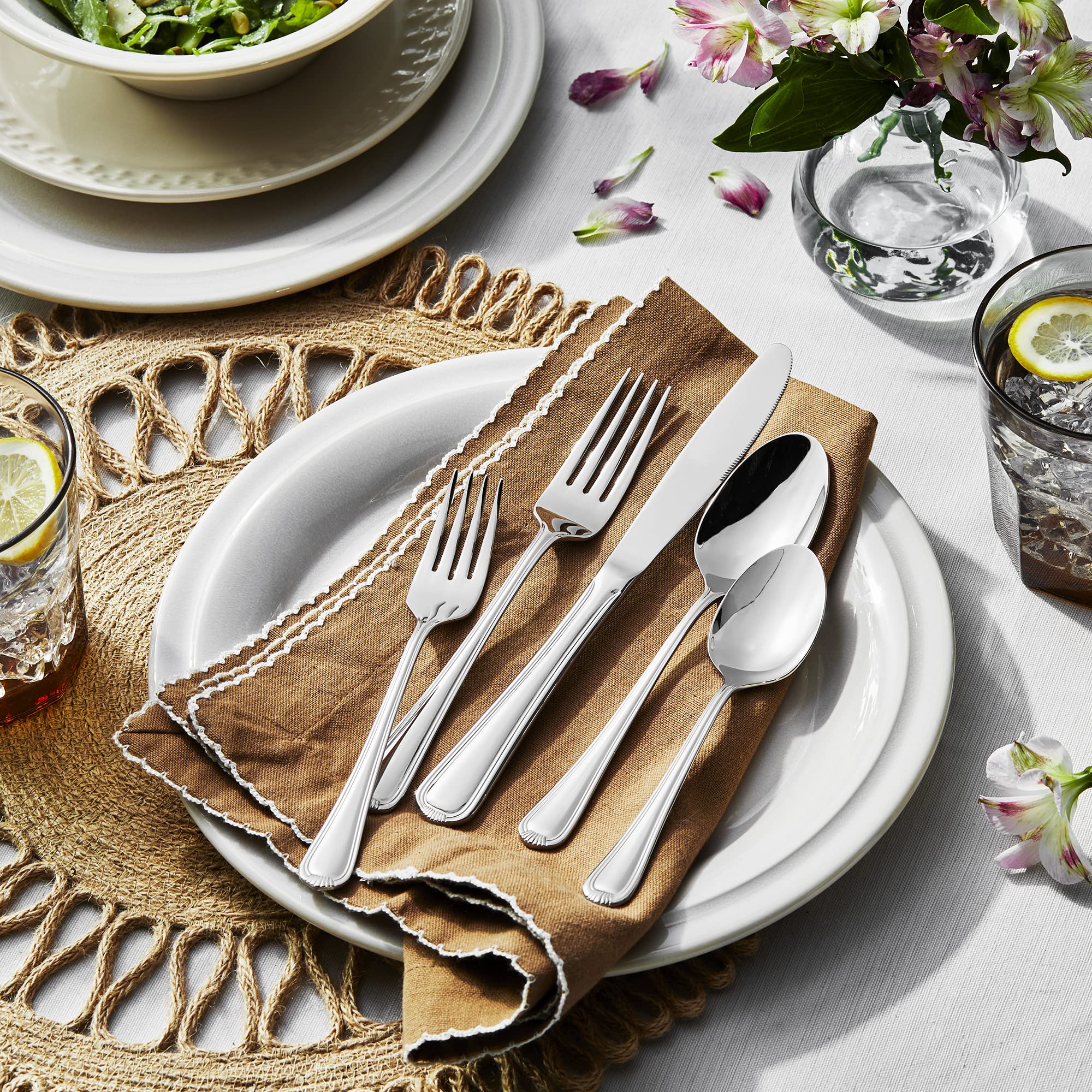 HENCKELS Alcea Flatware Set, 65-Piece, Silver & Steak Knife Set of 8, Stainless Steel Knife Set, Silver