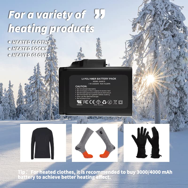 J JINPEI Rechargeable 7.4V 2200mAh Li-ion Batteries, Rechargeable Batteries for Heated Gloves, Mittens, Socks, Hat, Knee Braces, Pad (2pcs Included)