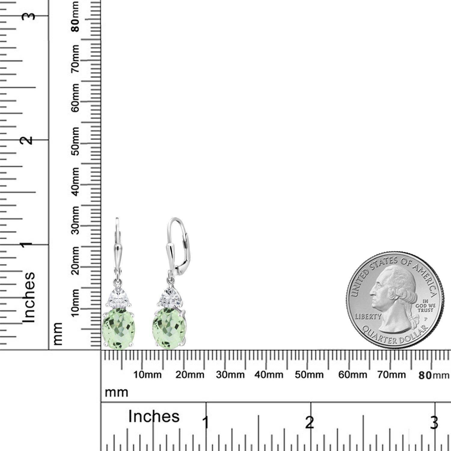 Gem Stone King 925 Sterling Silver Green Prasiolite and White Zirconia Dangle Earrings For Women (4.20 Cttw, Gemstone Birthstone, Oval 10X8MM, Trillion 5MM)