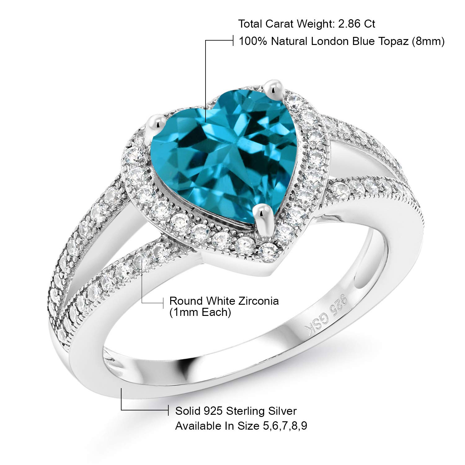 Gem Stone King 925 Sterling Silver London Blue Topaz and White Moissanite Ring For Women (2.86 Cttw, Gemstone November Birthstone, Heart Shape 8MM, Available In Size 5,6,7,8,9)