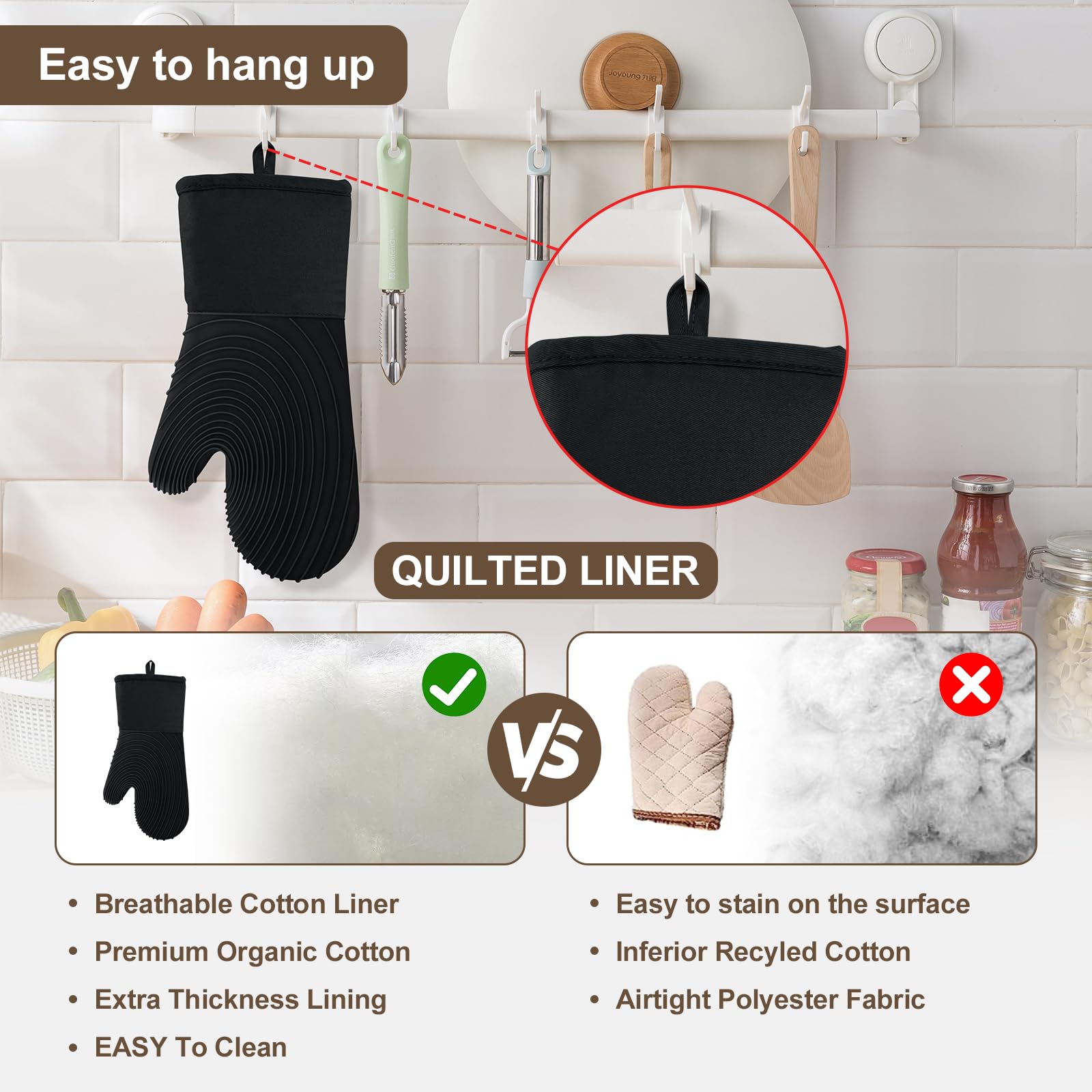 Silicone Oven Mitts-13.6 in Extended Oven Mitts Heat Resistant 500F, Oven Gloves with Soft Liner Good Grippy BPA-Free Easy to Clean Flexible-Oven Mits Set for Cooking Baking Grilling BBQ-Black