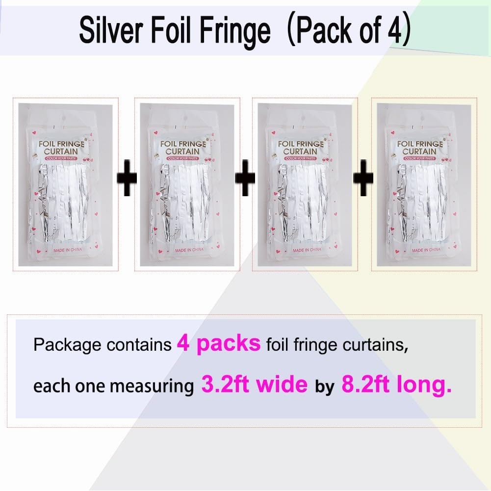 EUFARS 4 Pack Silver Fringe Backdrop Curtain - Silver Streamers for Birthday Party Backdrop, Silver Backdrop for Graduation Decorations Class of 2024 Prom Disco Party Decorations