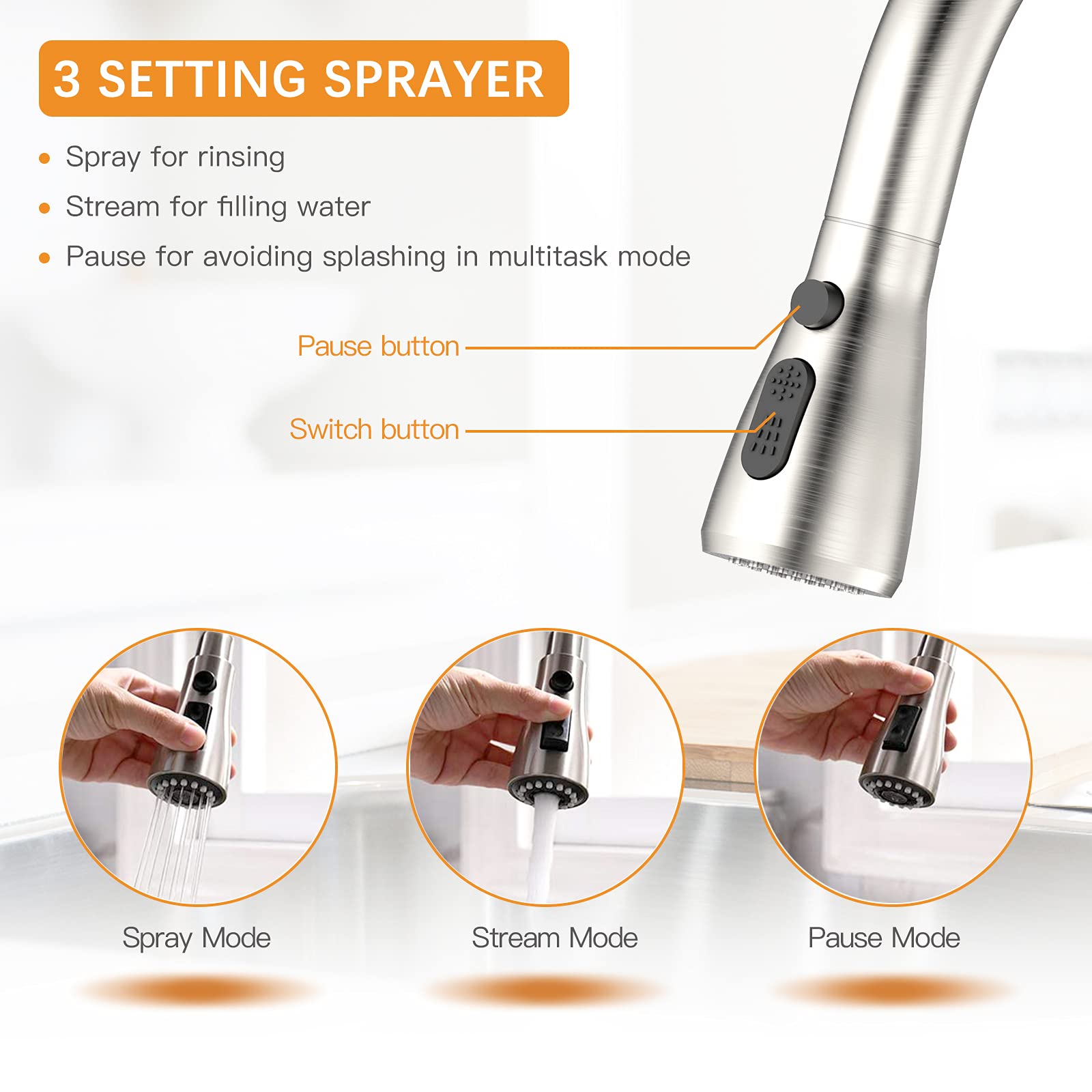 Kitchen Faucet, Brushed Nickel Kitchen Faucet for Sink with Sprayer, Single Handle faucets High Arc Modern Spring Kitchen Sink Faucet Stainless Steel with Deck Plate, for One Hole Or 3 Hole