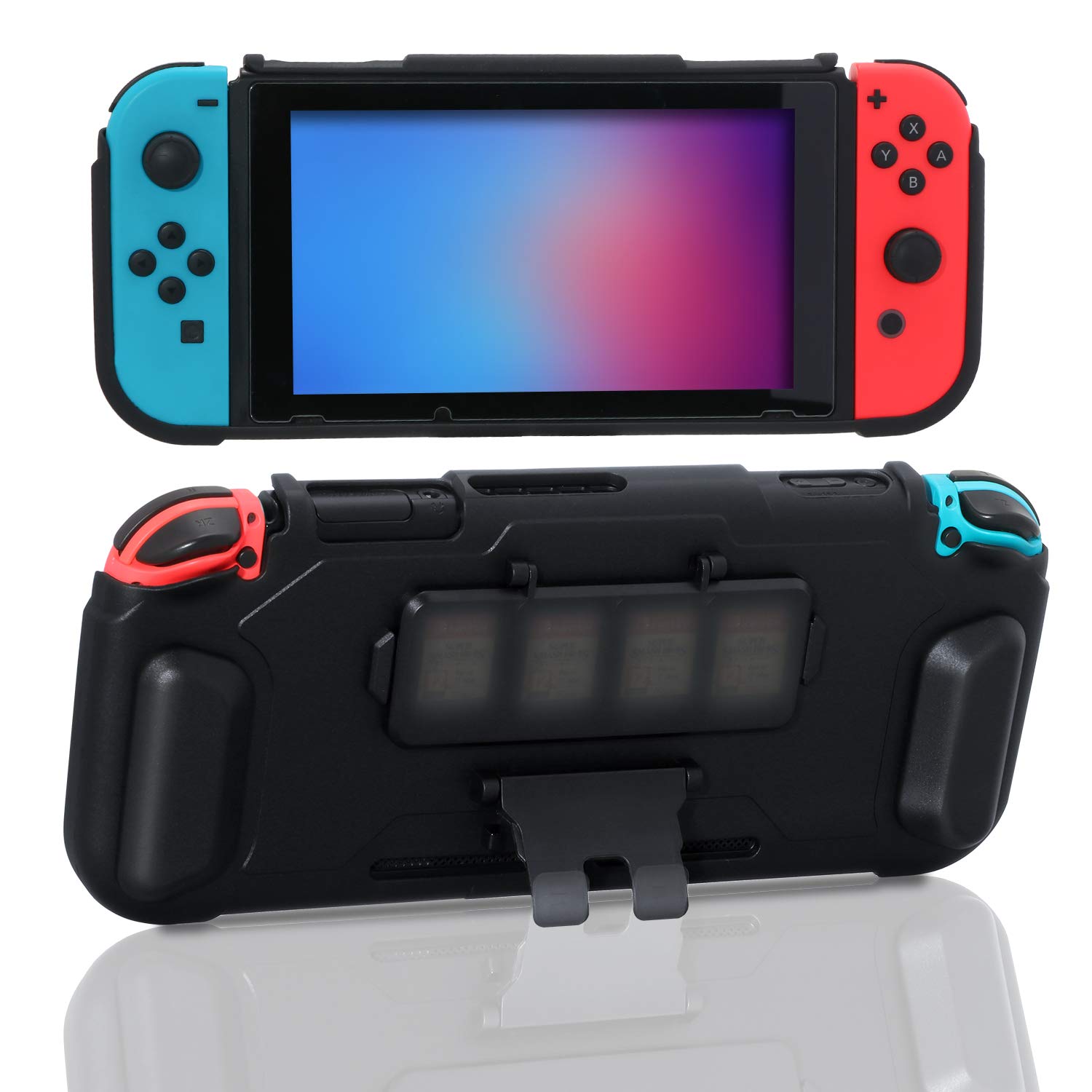 ECHZOVE TPU Case for Nintendo Switch, Protective Case for Nintendo Switch with Game Card Storage and Kickstand - Black