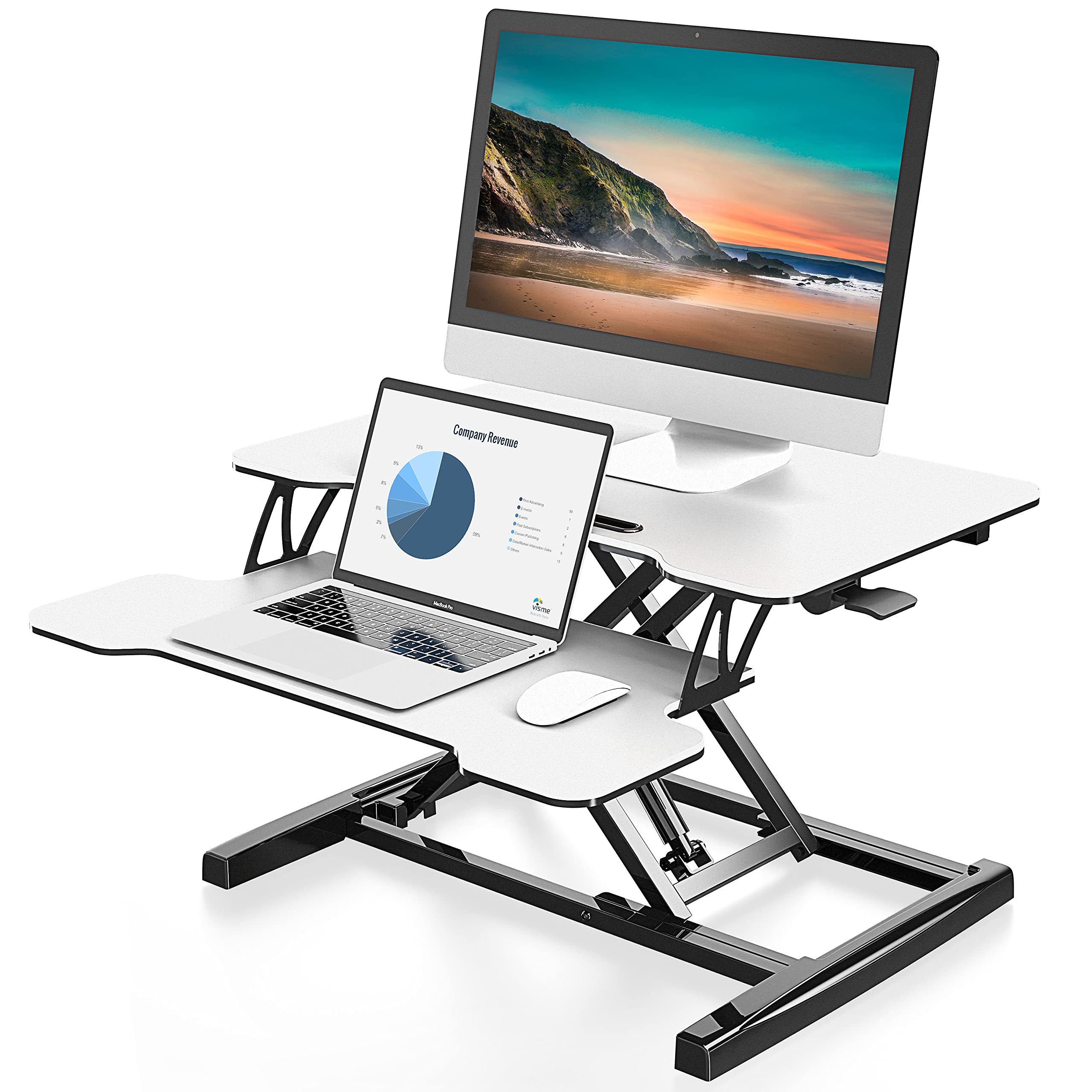 FITUEYES Stand Up Desk Standing Desk Converter Riser Adjustable Office Desk for Laptop with Deep Removable Keyboard Tray White SD260003WW