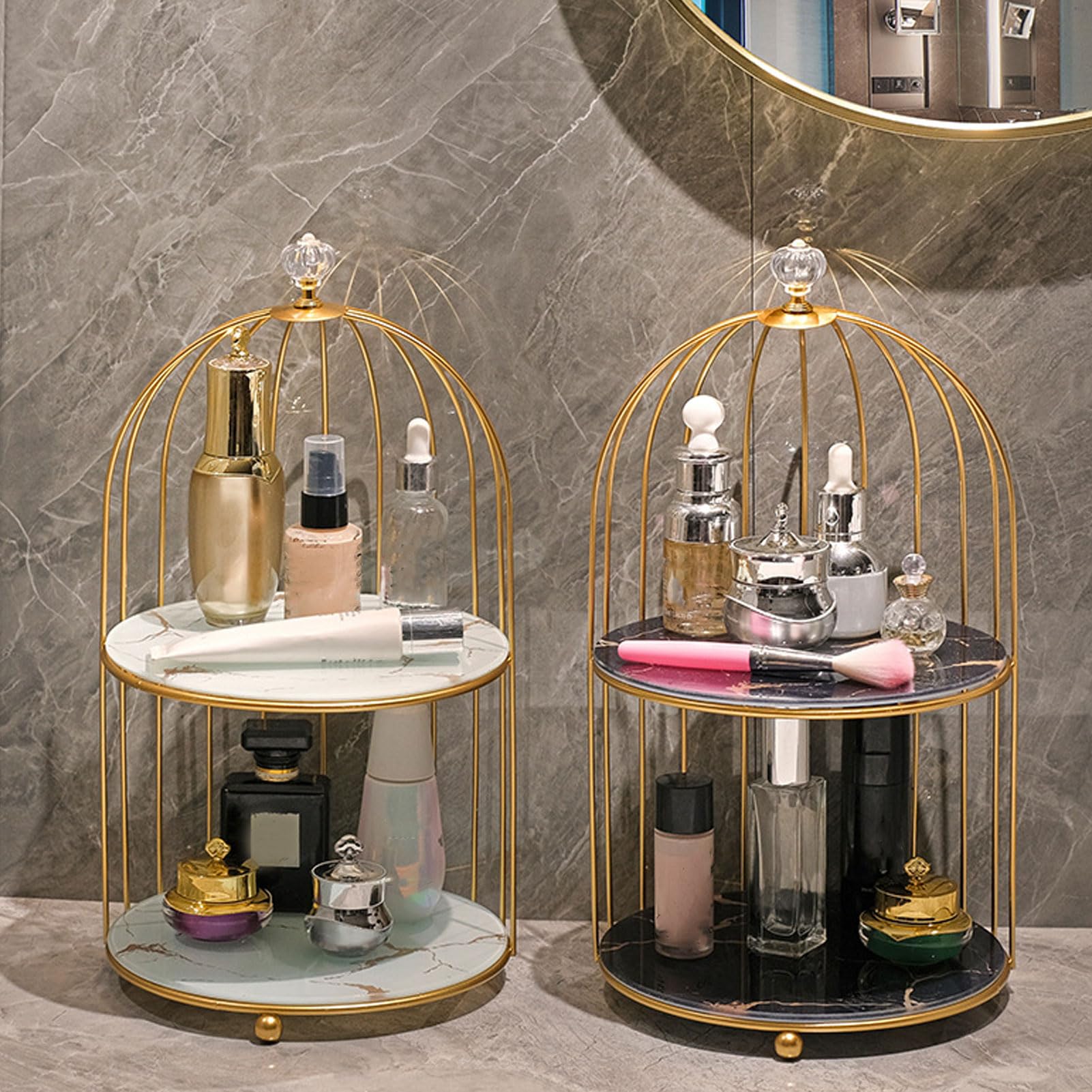 Lotpken Gold Frame Double Layer Storage Shelf Organizer for Bathroom, Bird Cage Design Display Rack for Countertop and Dressing Table (White Base Gold Pattern)