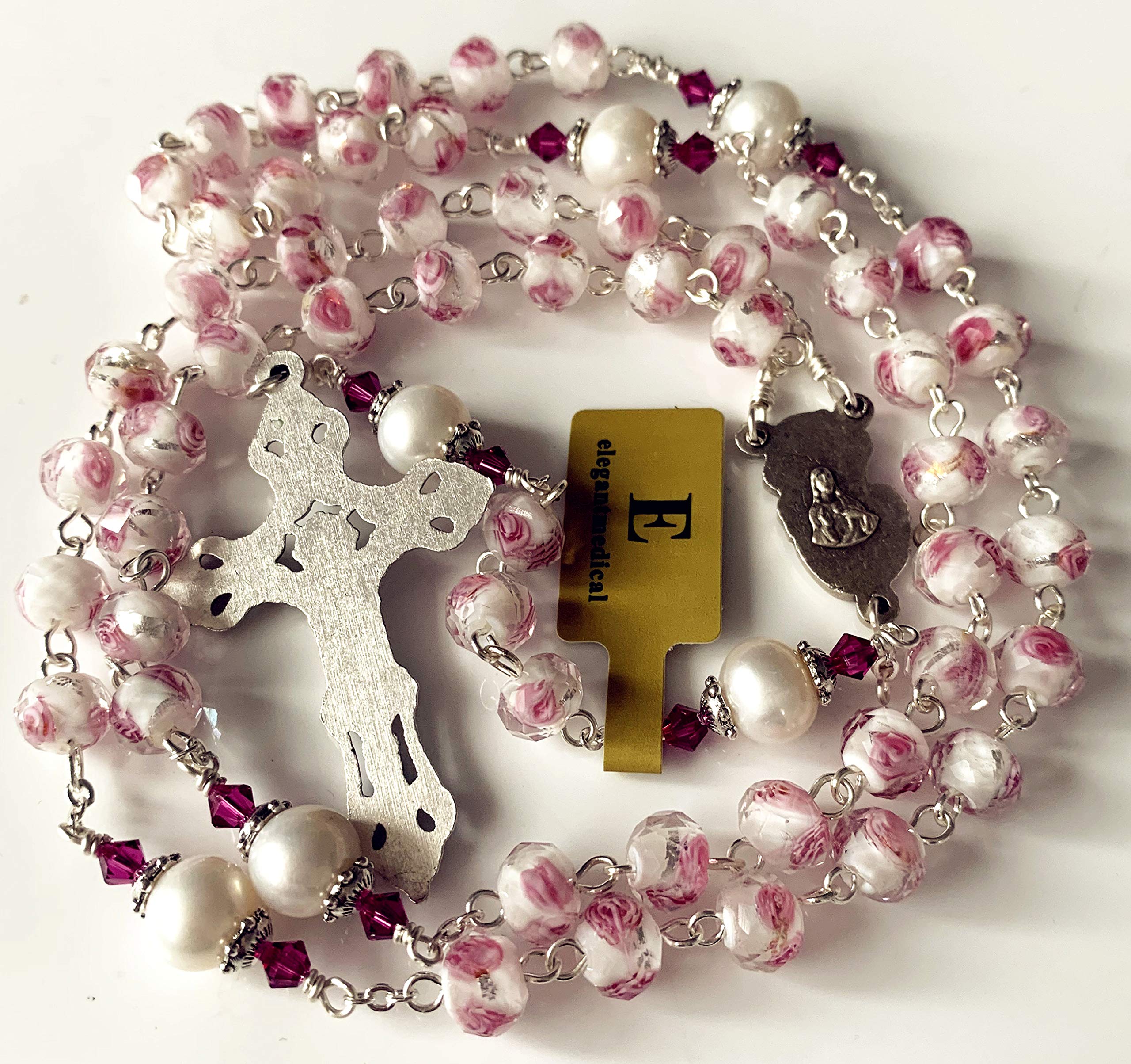 elegantmedical Handmade Veluriyam Rose Beads & Pearl Beads Rosary & Italy Cross Catholic Necklace Gift Box (pink)