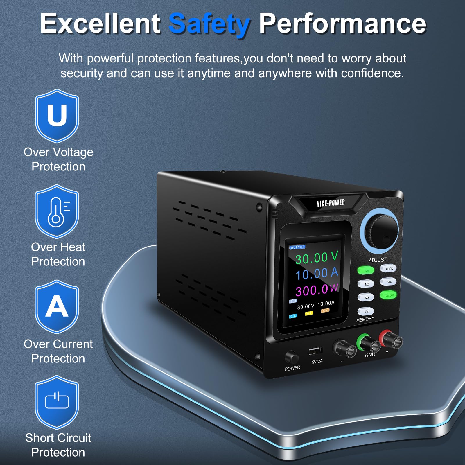NICE-POWER DC Power Supply Variable 30V 10A, Bench Power Supply with Memory Storage and Encoder Knob, Adjustable Regulated DC Power Supply with Color Display, Output Switch, Lock Button, PC Software