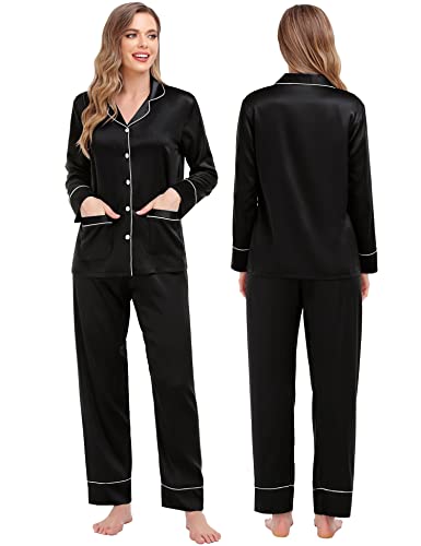 SWOMOG Womens Silk Satin Pajamas Long Sleeve Loungewear Two-piece Sleepwear Button Down Pj Set Black