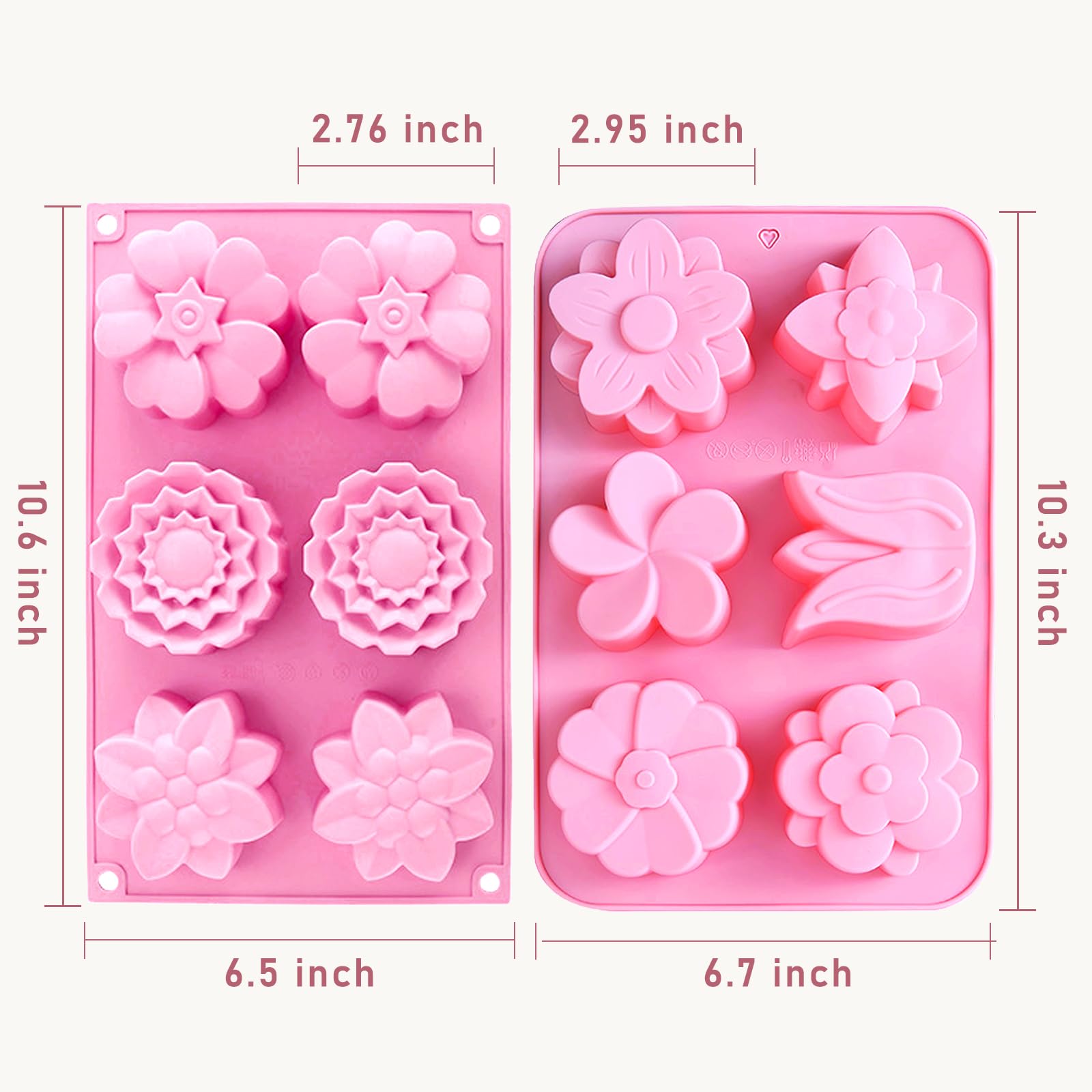 Silicone Soap Molds, Different Cavities Soap Mold with Different Shapes, Perfect for Soap Making, Handmade Cake Chocolate Desserts Biscuit Pudding Teacake Jelly (3 Pack - Flower)