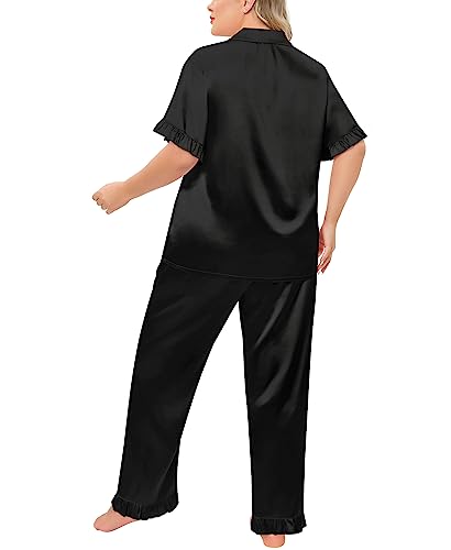 SWOMOG Womens Satin Plus Size Pajamas Silk Short Sleeve Pjs Sets Button Up Pajama with Ruffle Soft Loungewear Wedding PJs Black