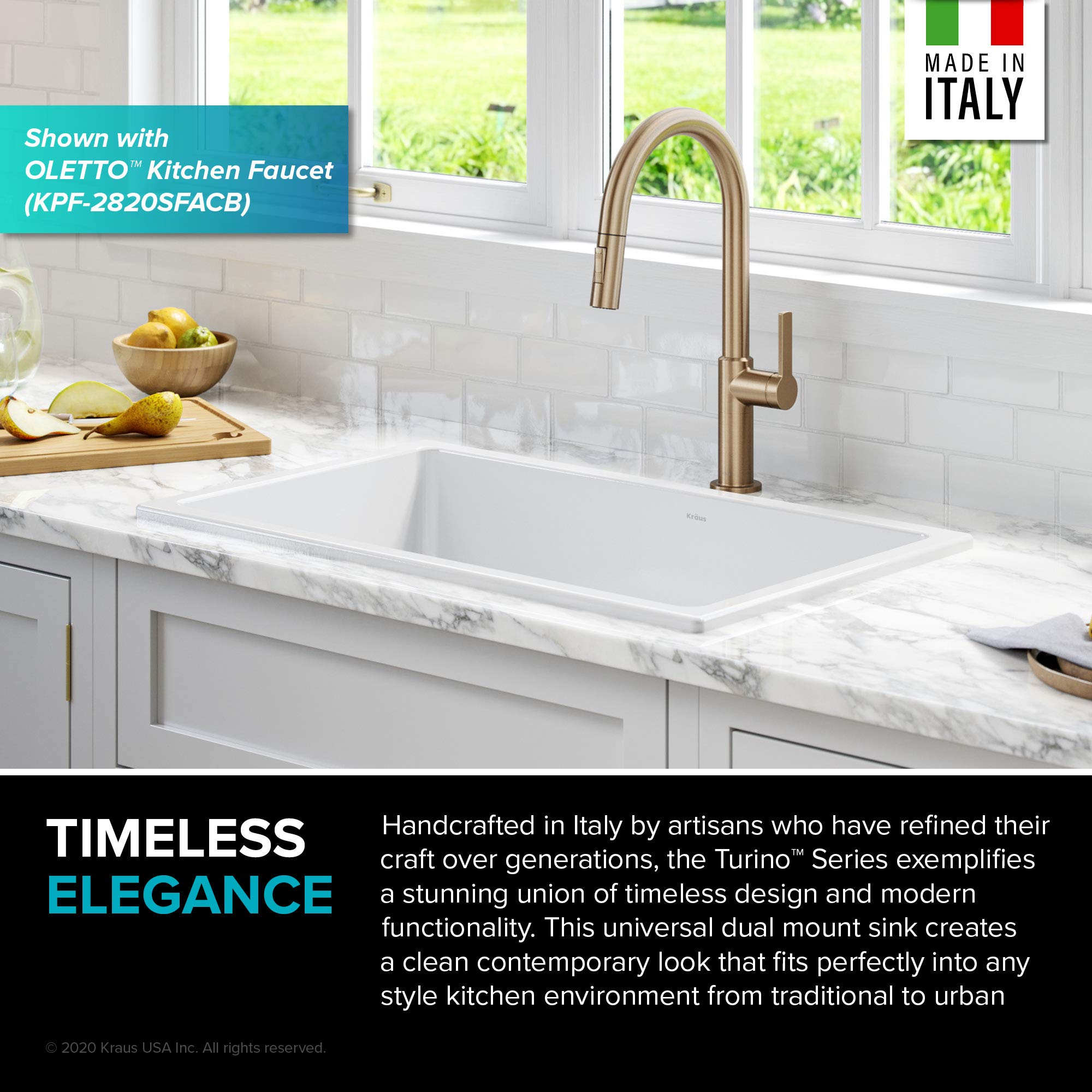 KRAUS Turino™ 30” Drop-In Undermount Fireclay Single Bowl Kitchen Sink with Thick Mounting Deck in Gloss White, KFD1-30GWH