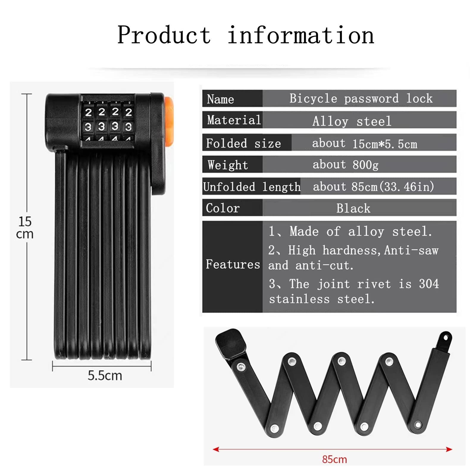 Folding Bicycle Combination Lock, Mountain Bike Lock, 4-Digit Password Anti-Theft Bicycle Lock, Bicycle Safety Combination Chain Lock