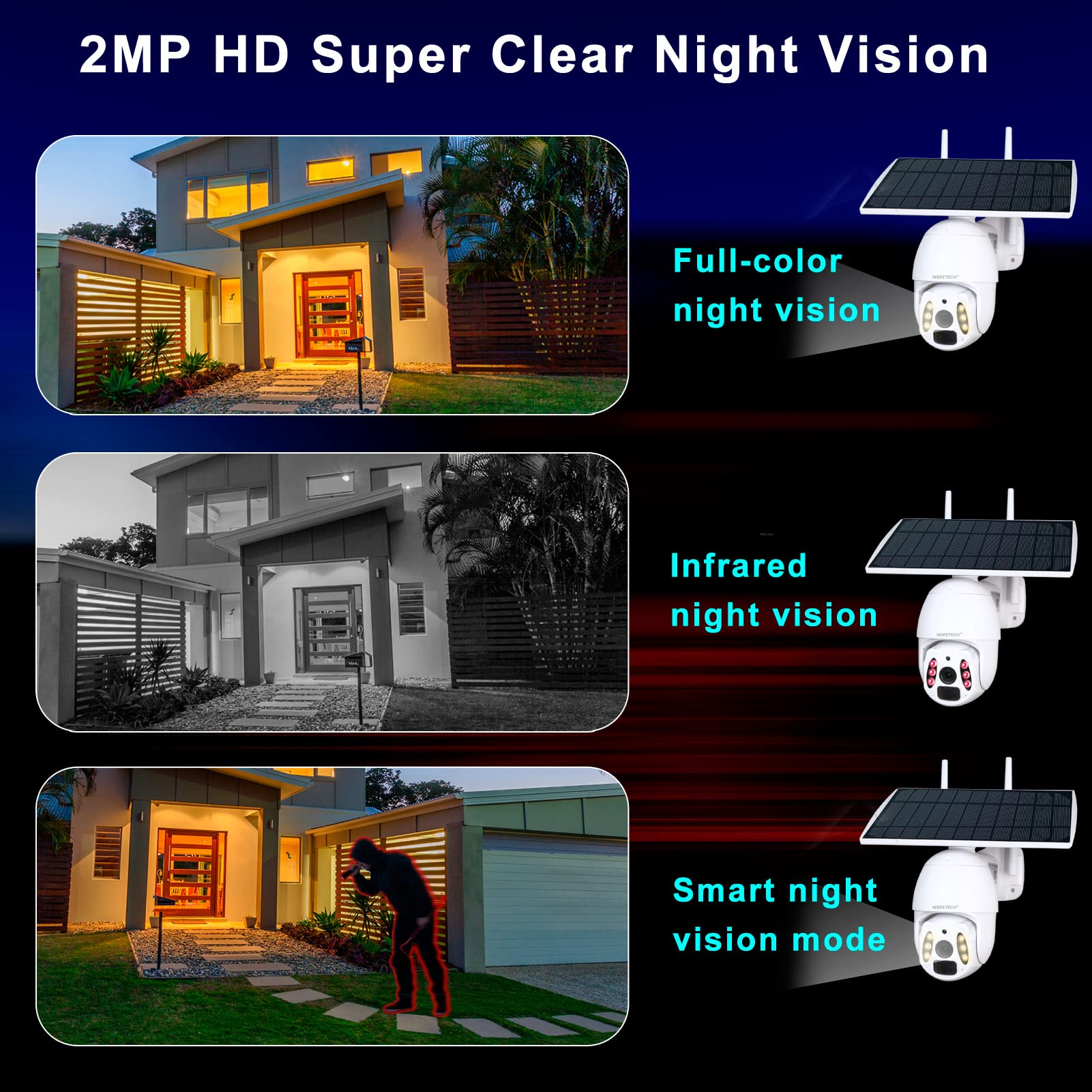 INSEETECH Solar Security Camera Wireless Outdoor, Tuya Pan Tilt Solar Powered WiFi Camera for Home Security, 2MP 98FT Night Vision, Motion Detection, Waterproof IP66 2 Way Audio, Two Installation