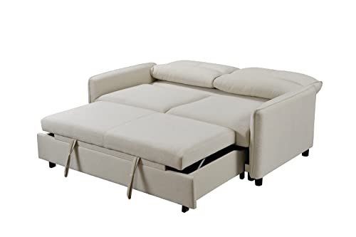 ERYE 74.5" W Futon Loveseat W/Pull Couch Bed and 2 Pillows,3 in 1 Reclining Backrest Love Seat Convertible Queen Size Sleeper & Sofabed for Home Apartment Office Living Room, Beige