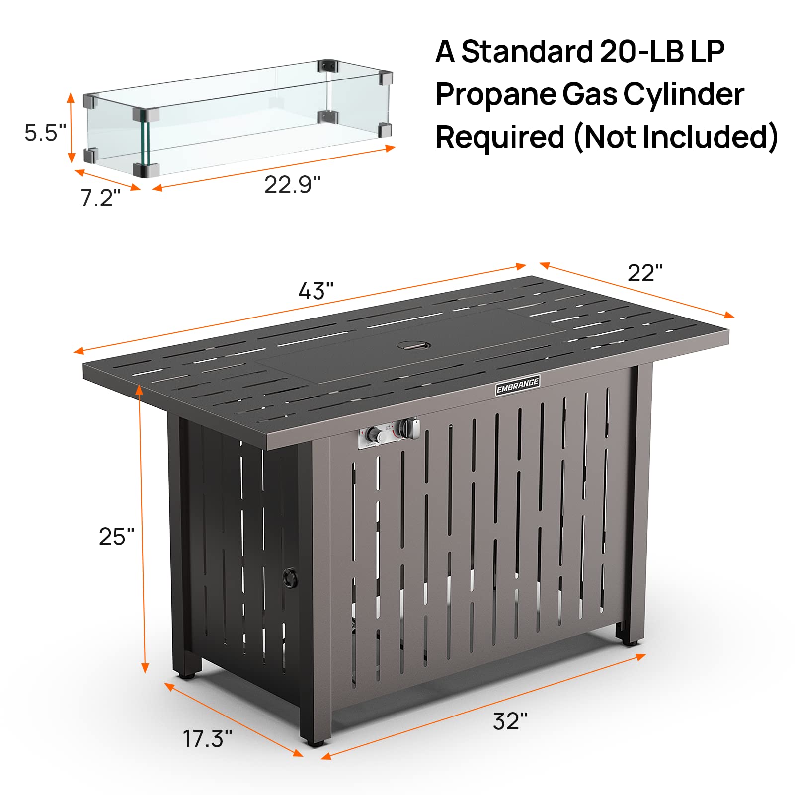 EMBRANGE 43-" Propane Gas Fire Pit Table, Pulse Ignition 50,000BTU CSA Certification Rectangle Firepit Table with Glass Wind Guard Fire Glass Metal Lid & Cover for Outside (Brown) (USAKKOYN1038057)