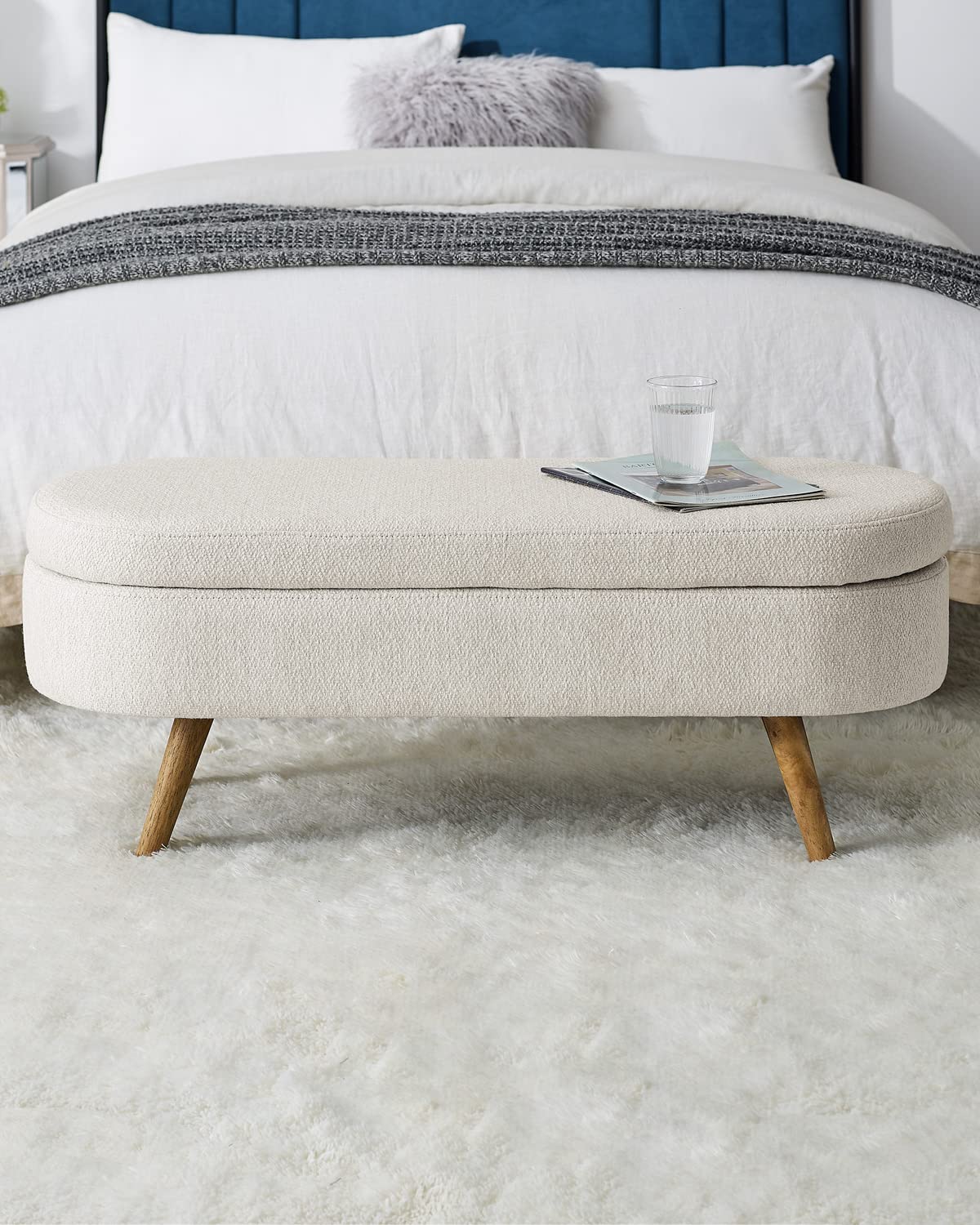 ECLYL Oval Storage Bench 43.5" Linen Fabric Upholstered Entryway Bench with Solid Wood Legs Ottoman Bench Indoor Bench for Living Room/Bedroom/End of Bed/Entryway (Beige)
