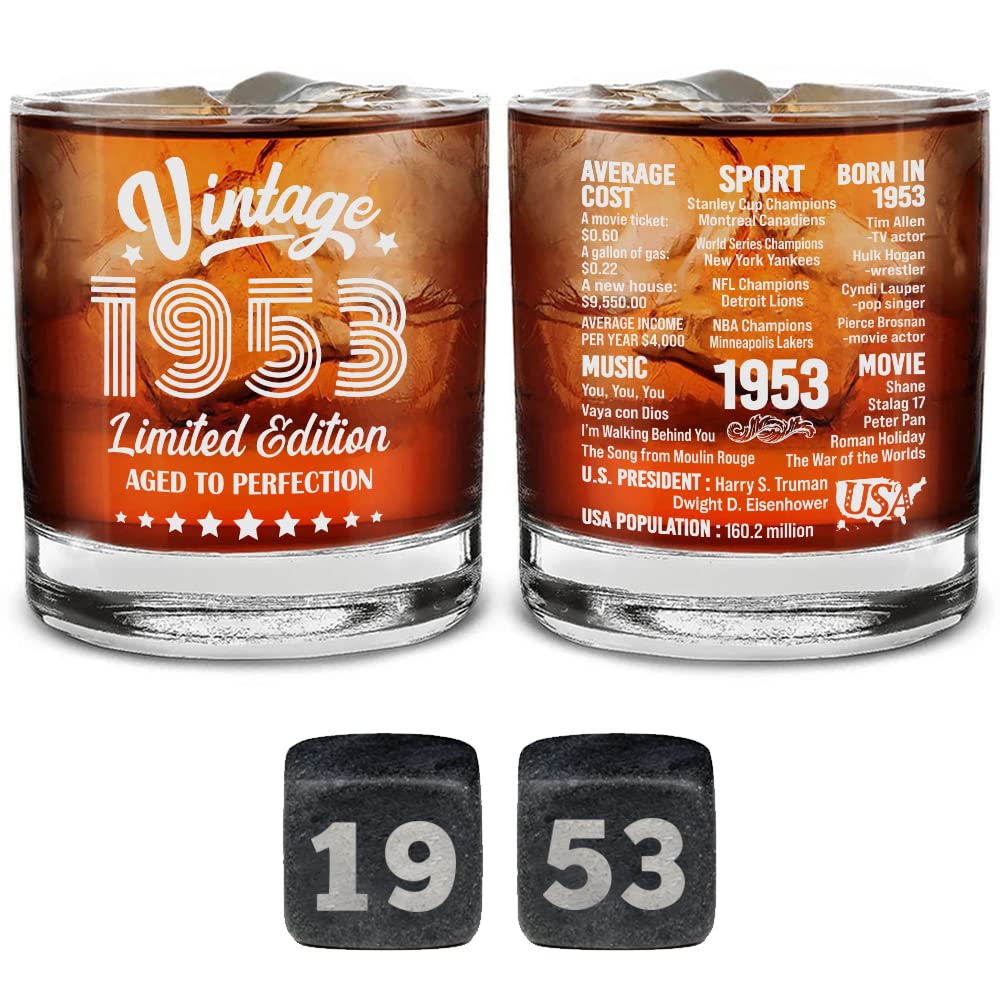 Henghere 71st Birthday Gift for Men, Happy 71 Year Old Birthday Gifts, Vintage 1953-71st Birthday Decorations Party Supplies for Dad Grandpa Husband -11 oz Whiskey Glass