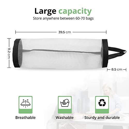 Kitchen Grocery Plastic Bag Holder and Dispenser, Waterproof Washable Wall Mount Folding Mesh Storage Bag 2 Pack Black, Recycling Grocery Pocket Containers