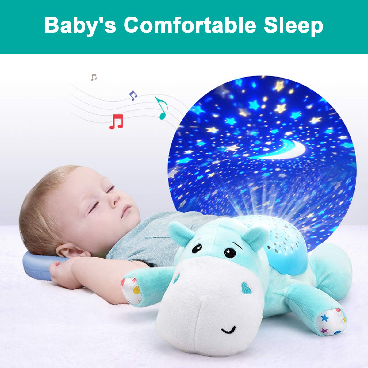 Fisca Baby Sleep Soother, Infant Sleeping Toy 60 Lullabies White Noise Starlight Projection Sound Machine (Plush Hippo)