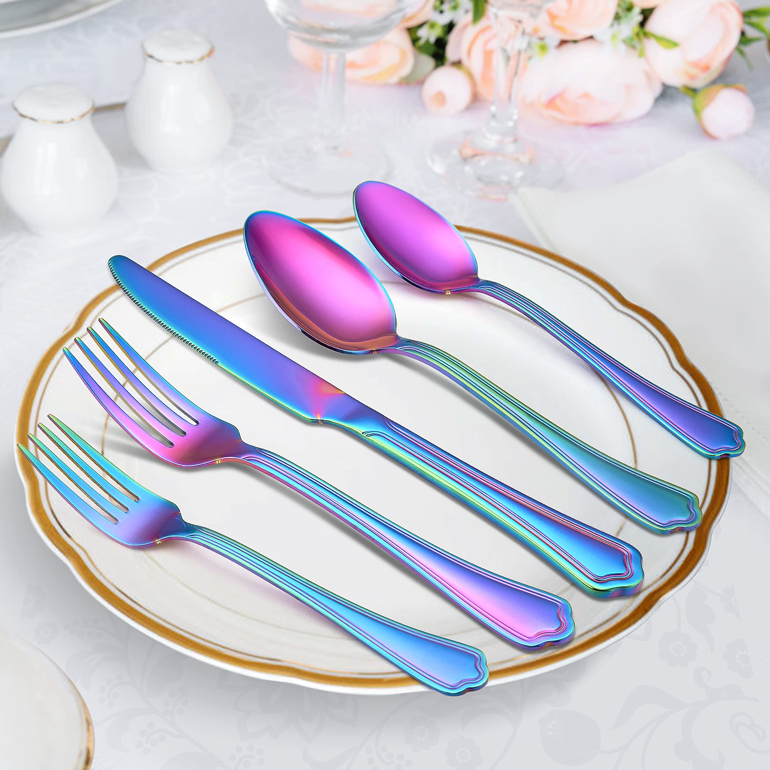 E-far Rainbow Silverware Set, 20 Piece Stainless Steel Flatware Set Service for 4, Colorful Knives Forks Spoons Utensils Set with Square Edge, Mirror Polished