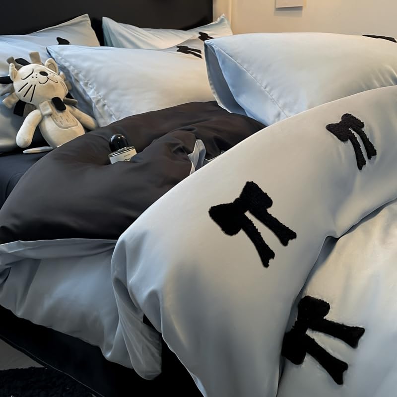 MASTERMARK Blue Duvet Cover Set ,3 Piece Luxury Silky Black Bow Design Bedding Set with 2 Pillow Shams with Zipper Closure (No Comforter) 86x94 Inches