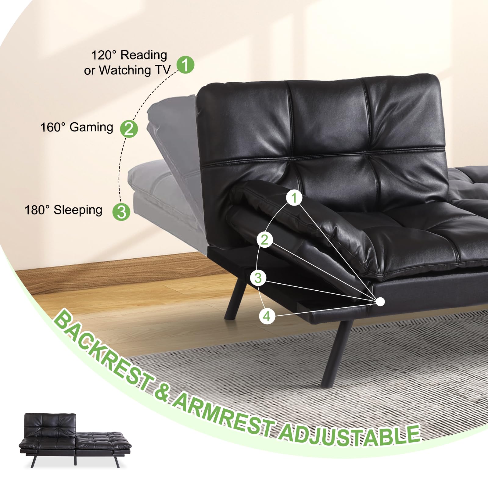 MUUEGM Faux Leather Memory Foam Convertible FoldIing Futon Sofa Bed, Modern Lounge Sofa with Adjustable Backrest Armrests, Futon Couch for Living Room with Loveseats in Black.(Leather,Black)